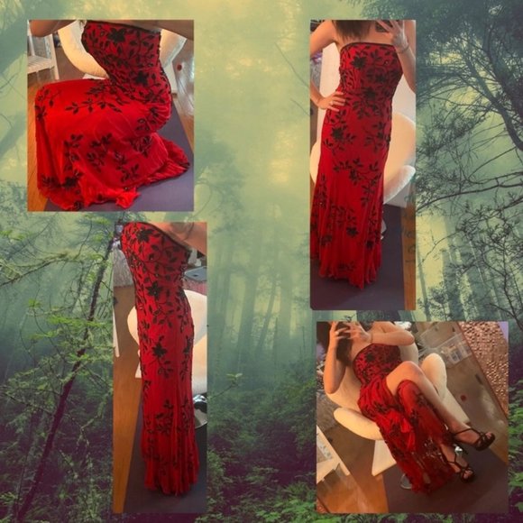Dresses | Cache Red Chiffon With Black Beading Evening Gown | Poshmark